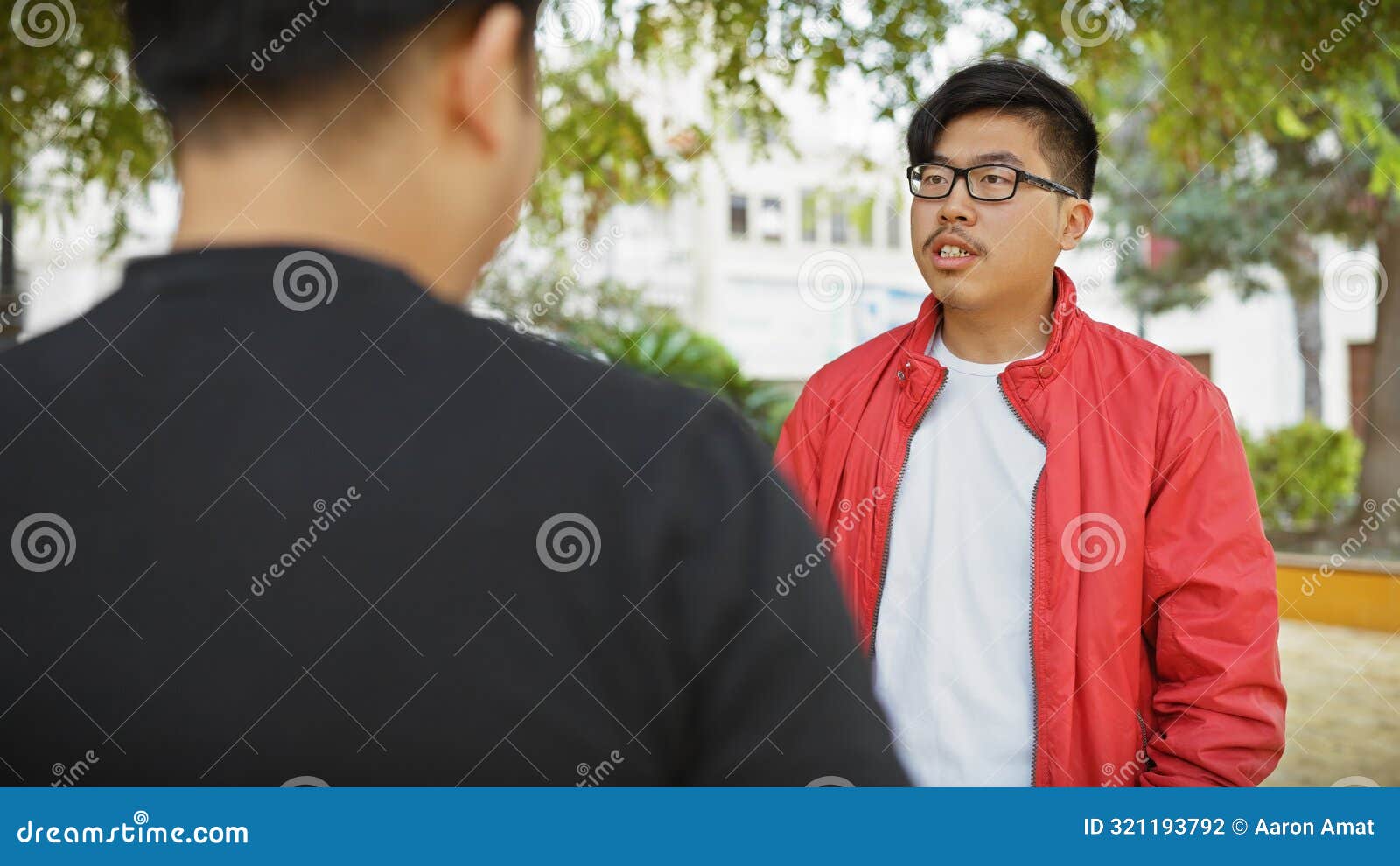 Two Asian Men Engaging in Conversation Outdoors in a City Park Stock ...