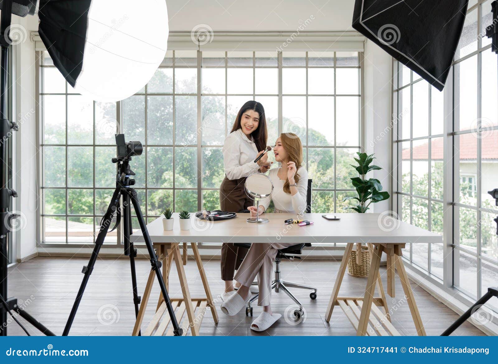 Two Asian Women Creating Content for Social Media. they are Using a ...