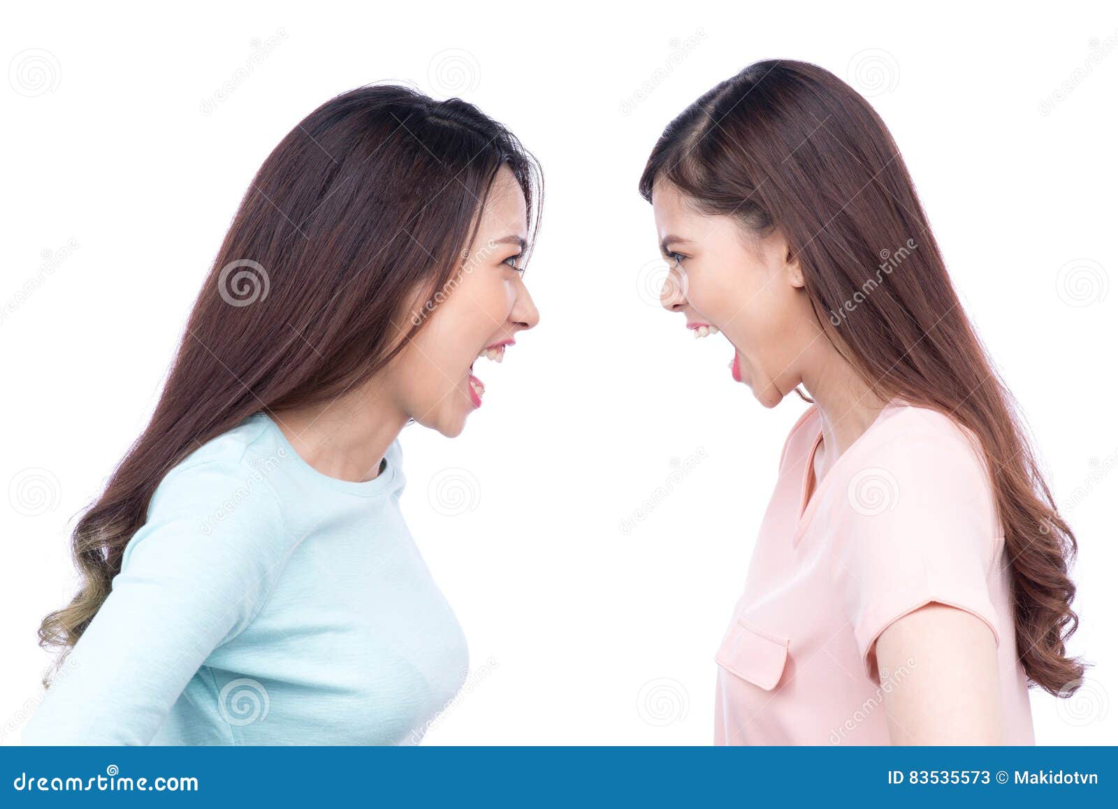 Two Asian Women Shouting Each Other Against White Background. Stock ...