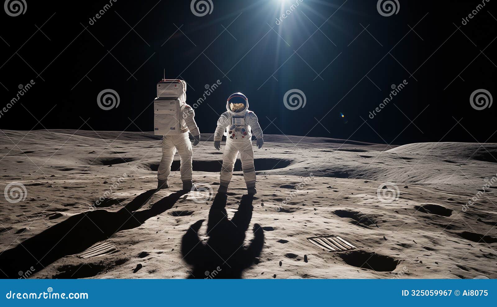 Two Astronauts Cast Long Shadows on Lunar Surface Ai Generated Photo ...