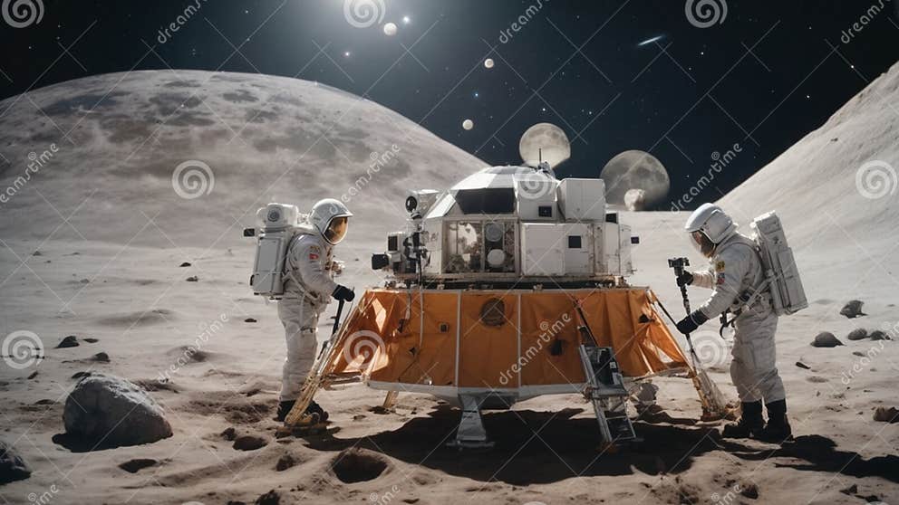 Two Astronauts Finishing Building a Module on the Surface of the Moon ...