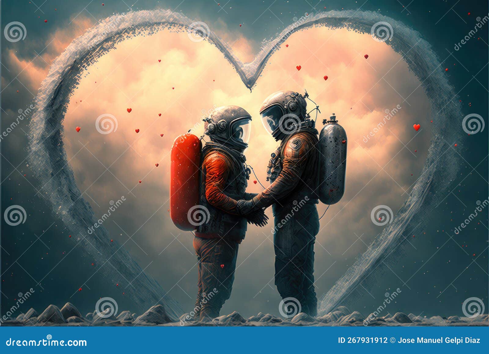 Two Astronauts Looking at Each Other with a Heart Made of Clouds in the ...