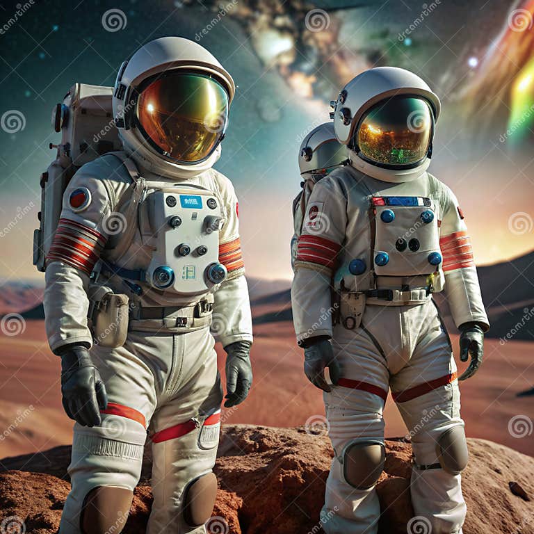Two Astronauts on Mars Surface in High-Tech Spacesuits Stock ...