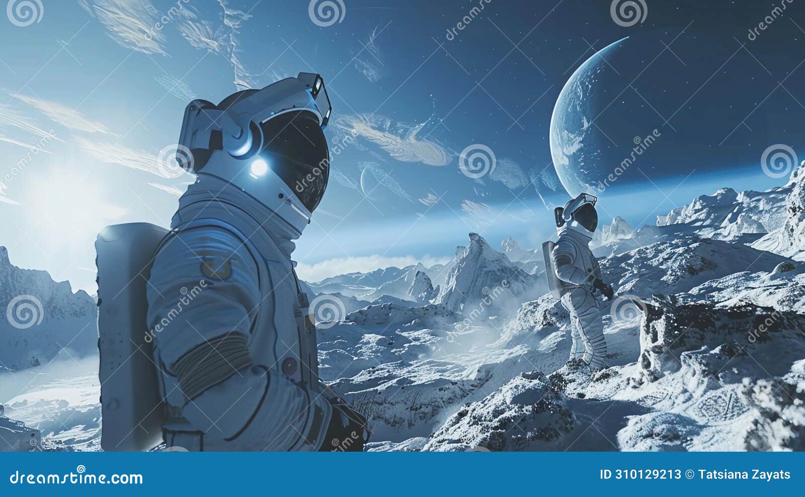 Astronauts Observing Distant Earth from Snowy Extra-Terrestrial Surface ...
