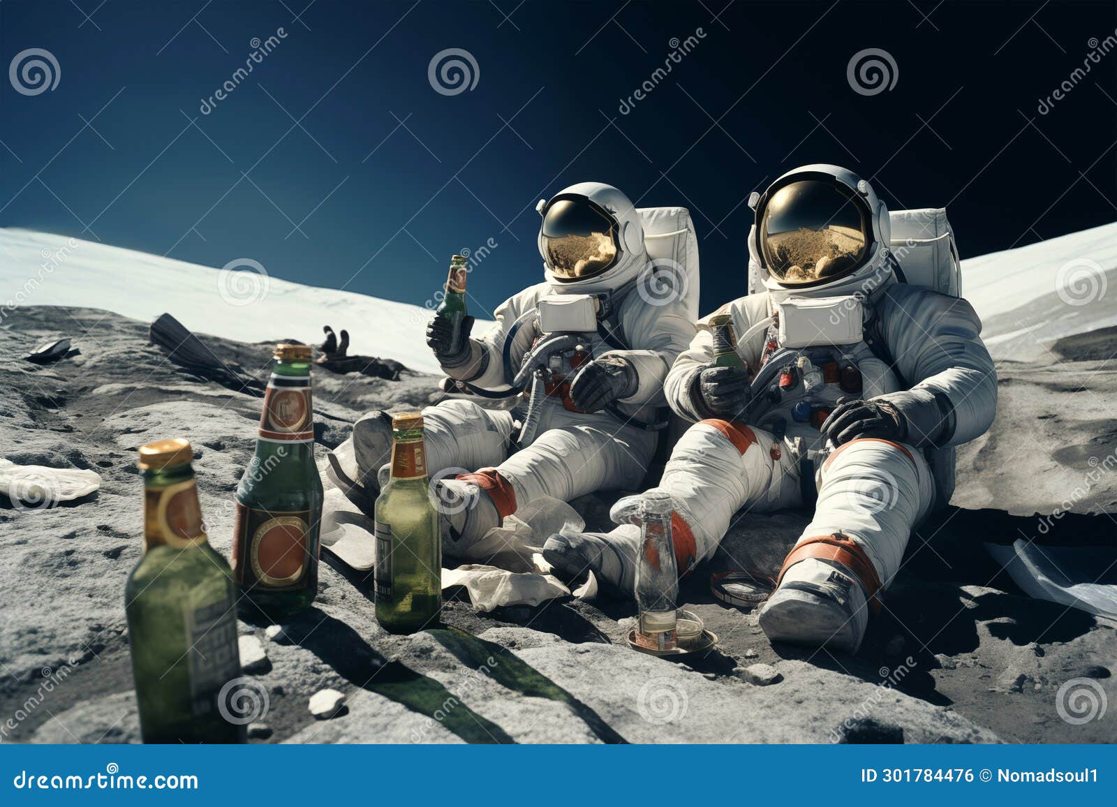 Two Astronauts Resting on Moon and Drinking Beer. Generative AI Stock ...