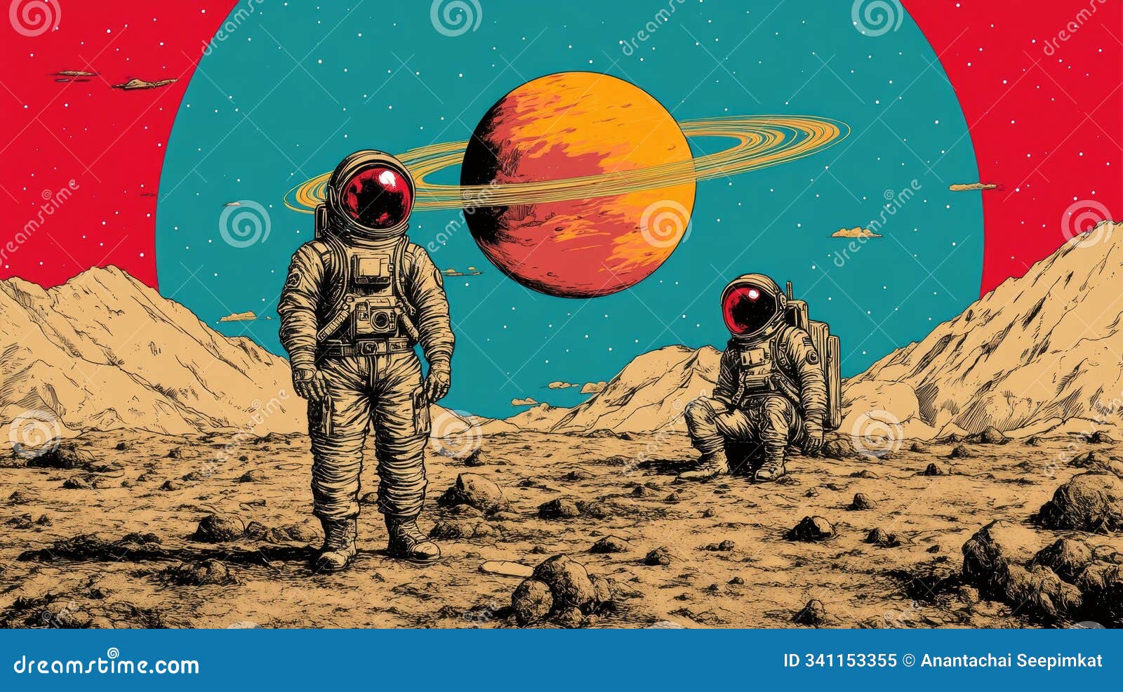 Two Astronauts in a Retro Comic-style Scene Explore a Barren Alien ...
