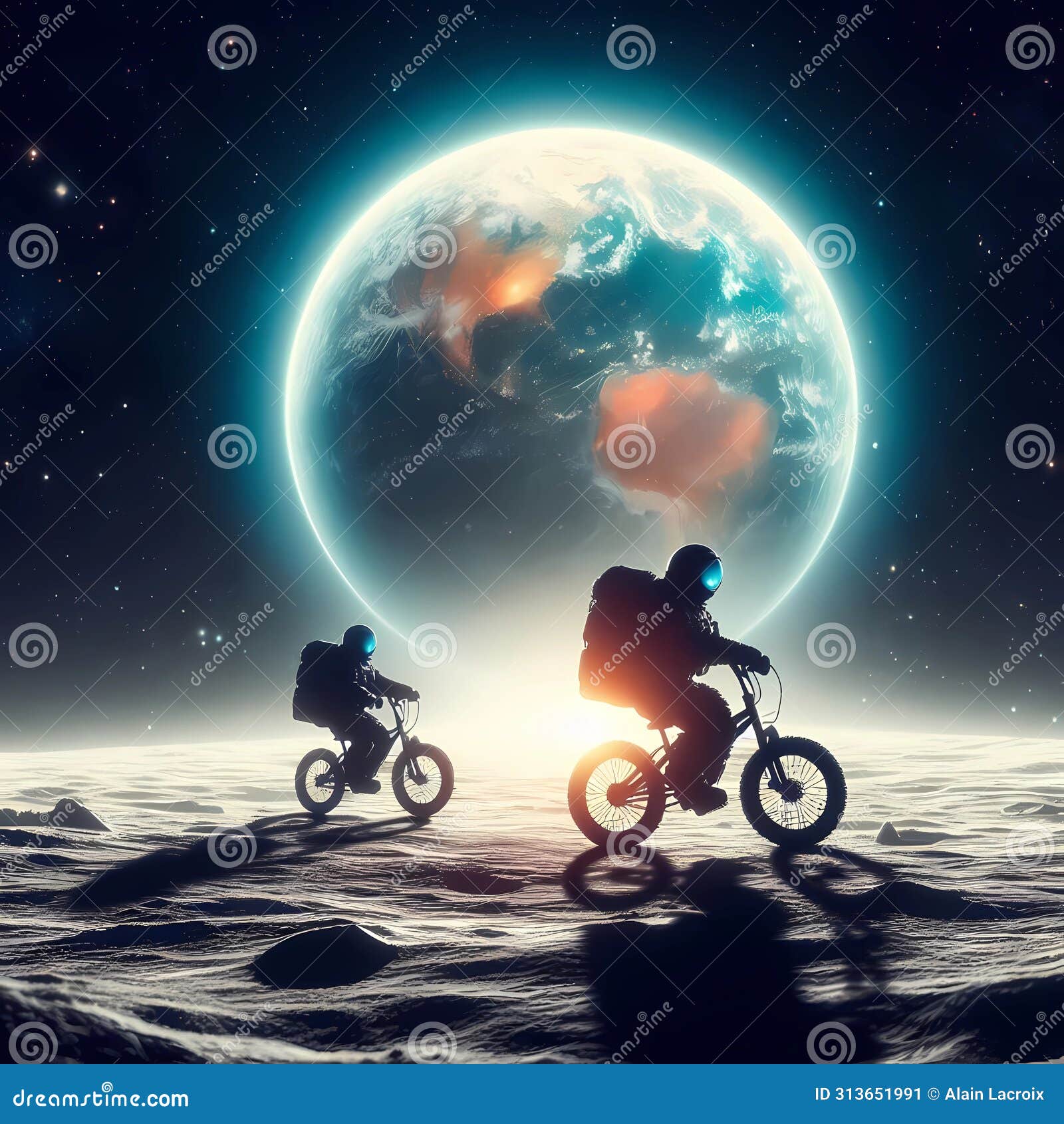 Astronauts Riding Bikes on the Moon Stock Illustration - Illustration ...
