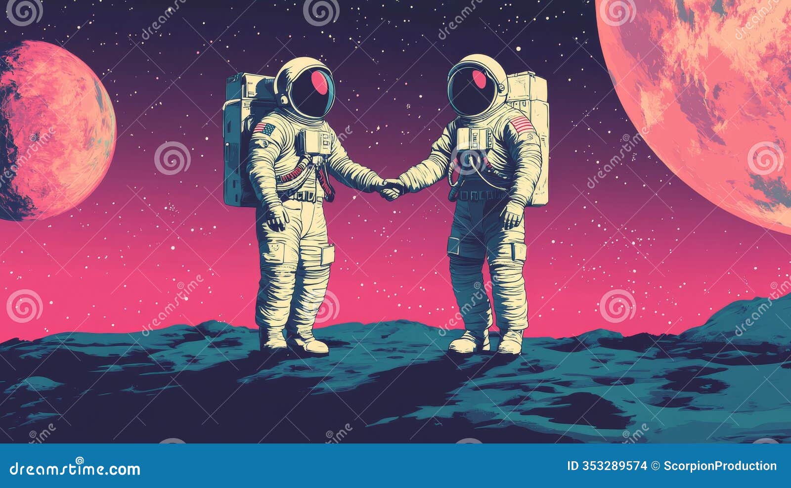 Two Astronauts Shaking Hands on an Alien Planet Under Twin Moons Stock ...