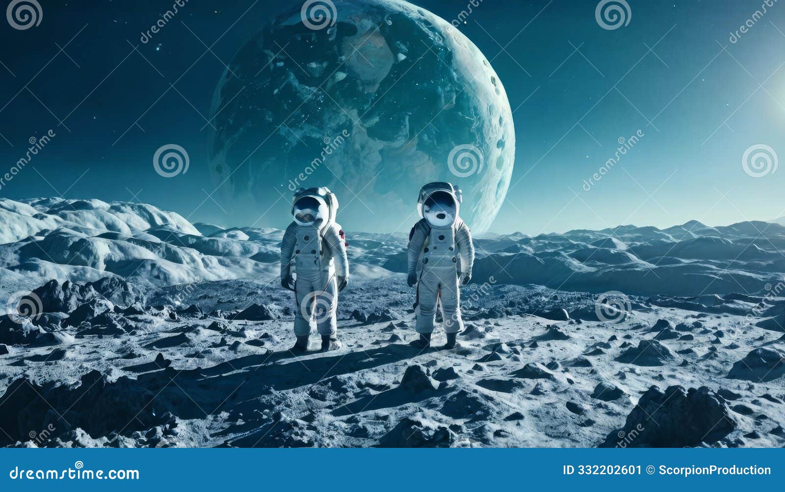 Astronauts Exploring Alien Lunar Surface with Distant Planet Stock ...