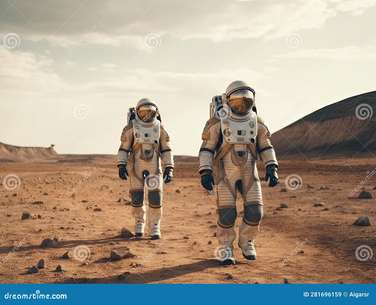 Two Astronauts in SpaceSuits Exploring Unknown Planet Stock ...