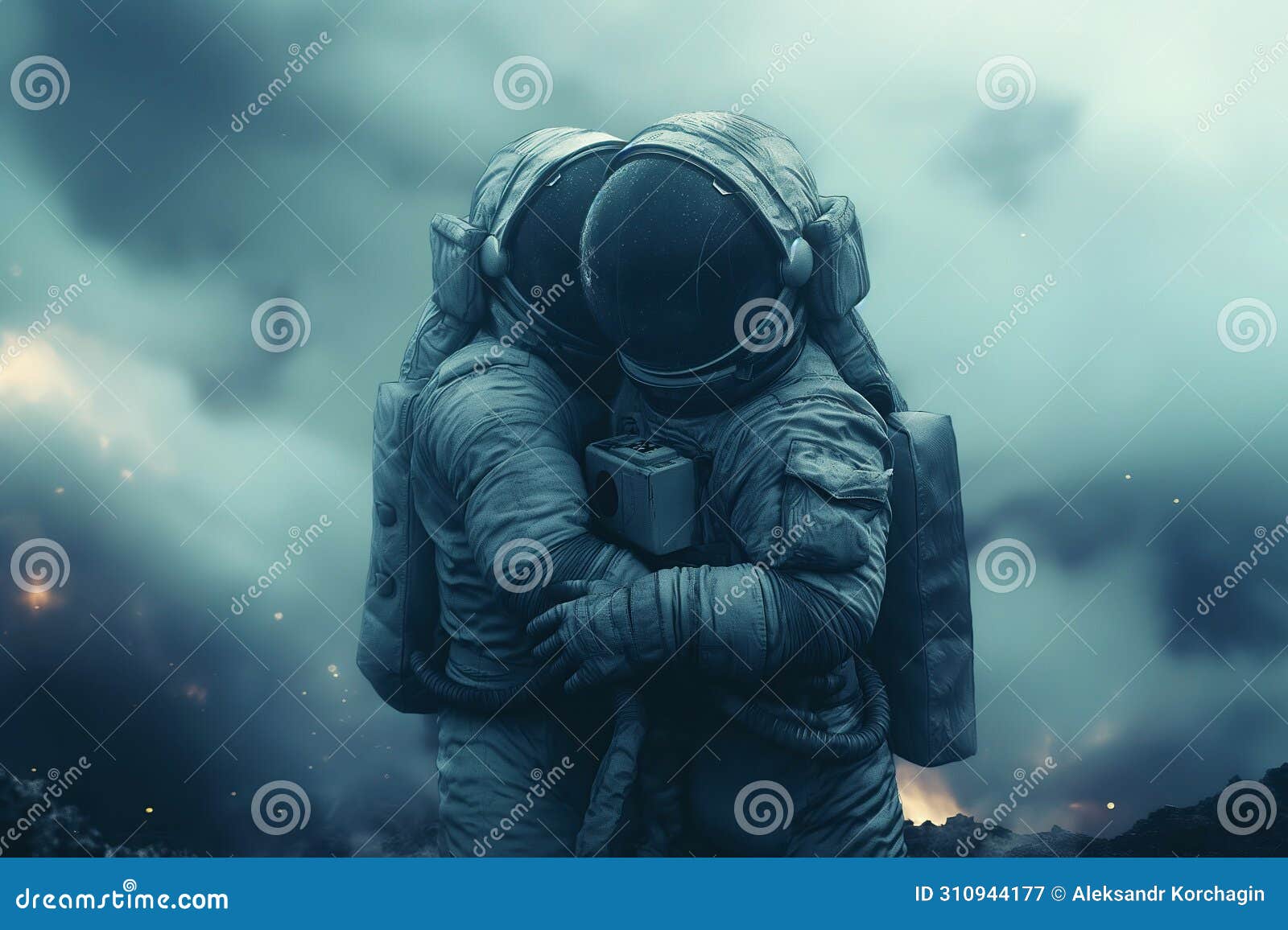 Two Astronauts in Spacesuits Hug on New Discovered Planet Stock Image ...