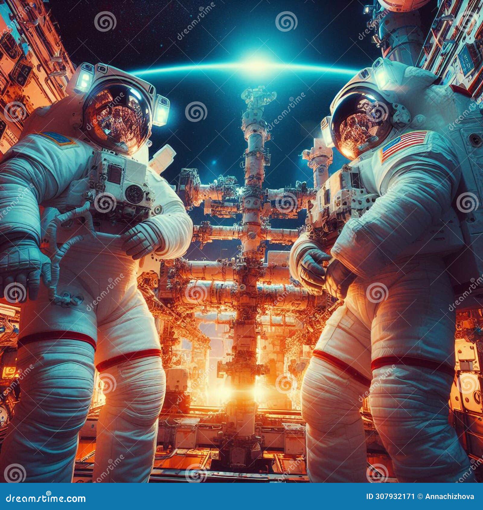Two Astronauts in Spacesuits on an Space Station. Space Travel and ...