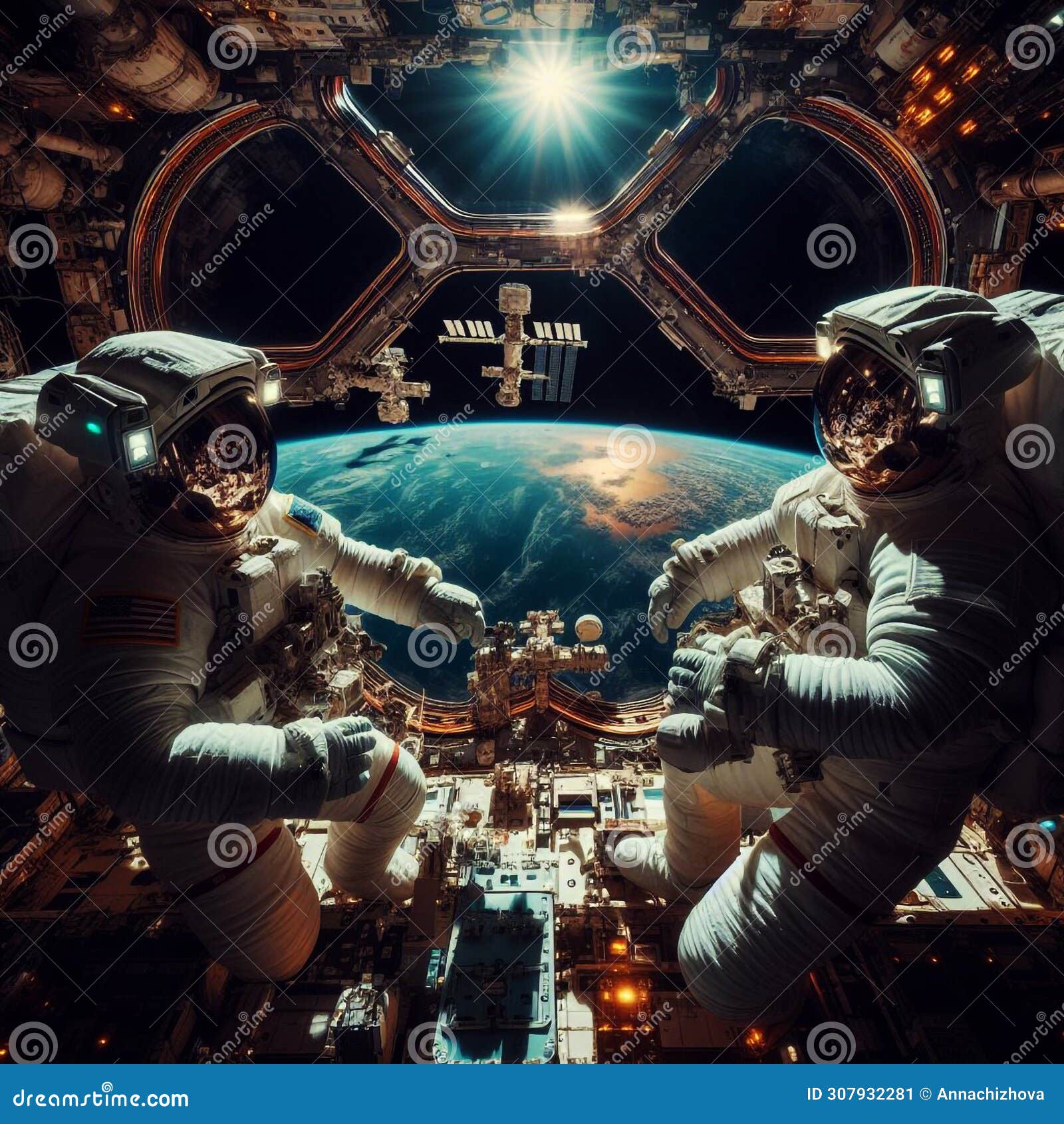 Two Astronauts in Spacesuits on an Space Station. Space Travel and ...