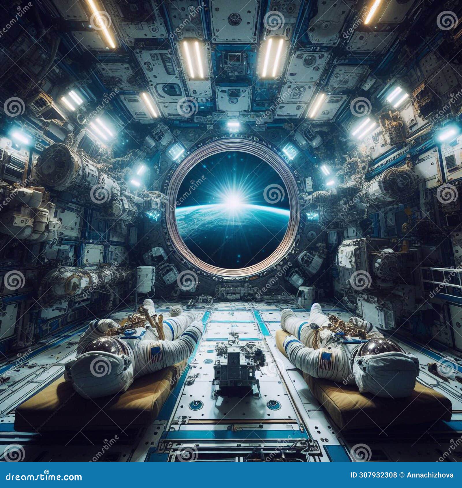 Two Astronauts in Spacesuits on an Space Station. Space Travel and ...