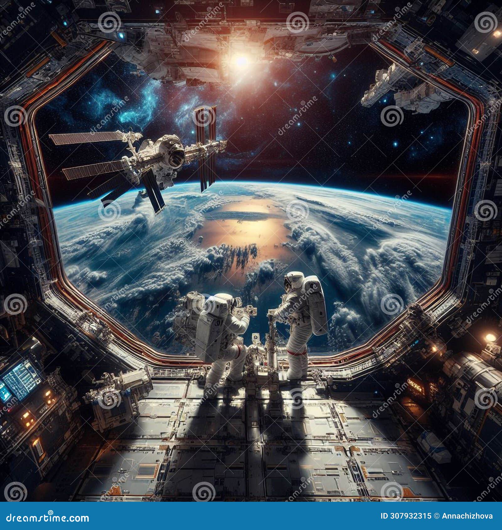 Two Astronauts in Spacesuits on an Space Station. Space Travel and ...