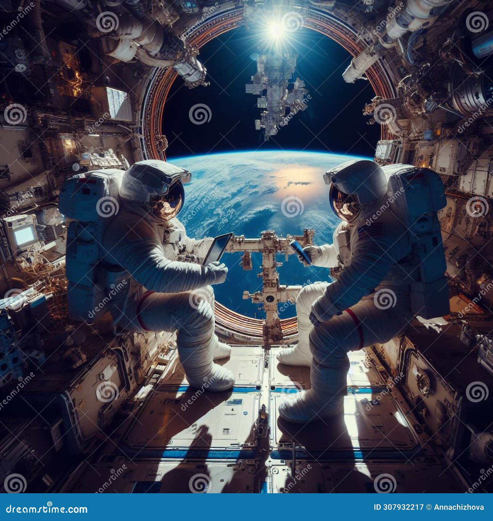 Two Astronauts in Spacesuits on an Space Station. Space Travel and ...