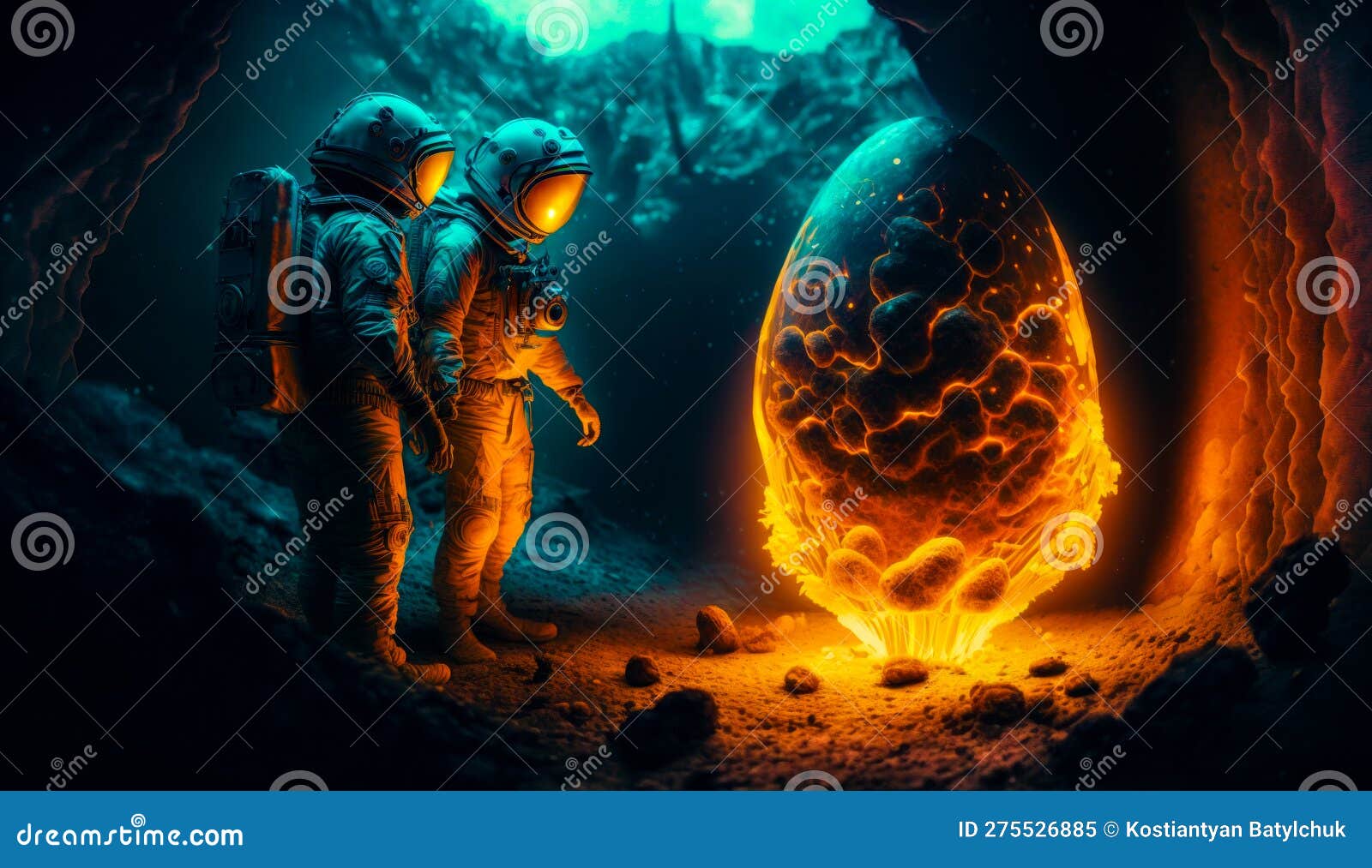 Two Astronauts Standing in Front of Egg on the Surface of Planet ...