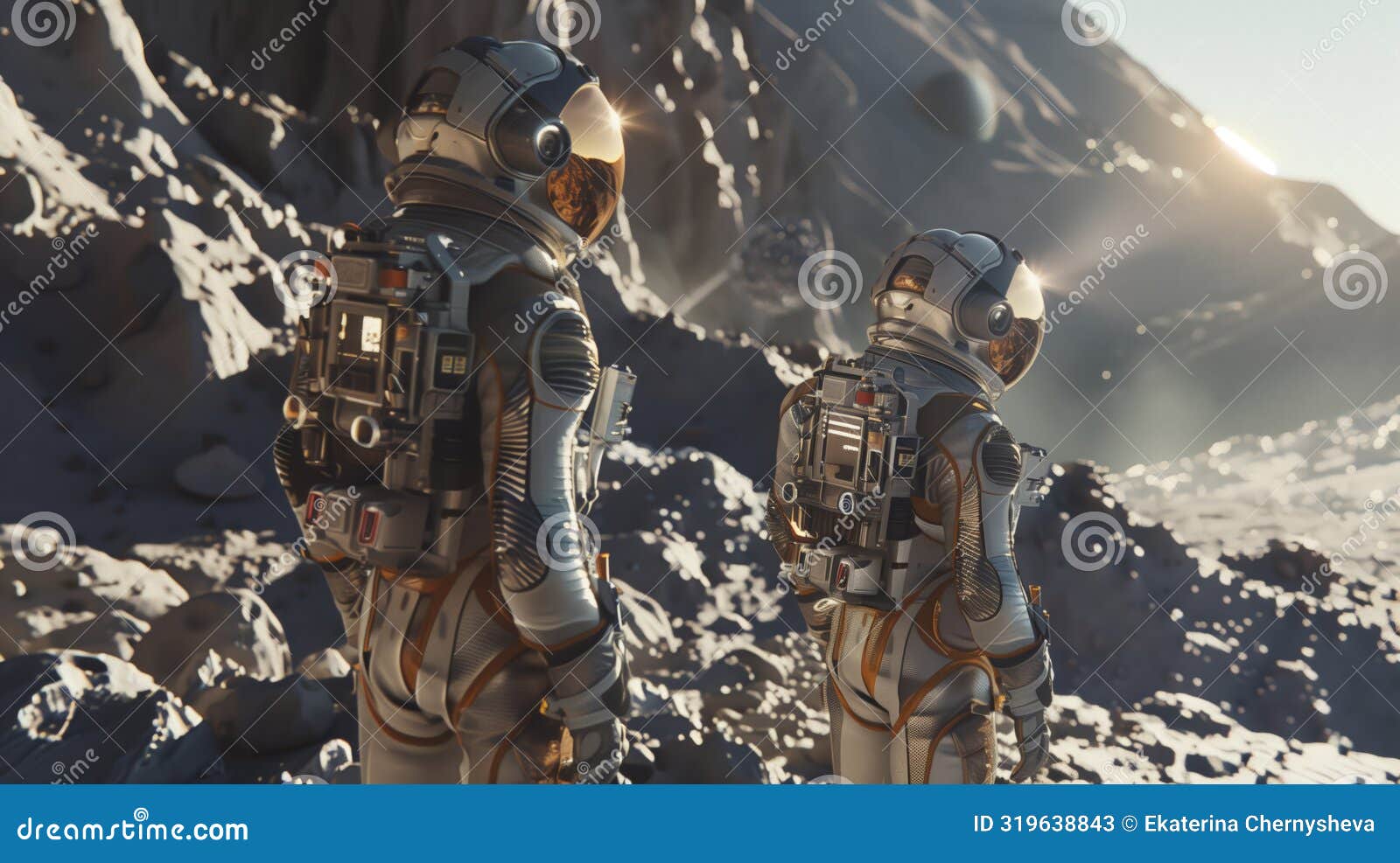 Two Astronauts are Standing on a Rocky Surface and Looking Up at the ...