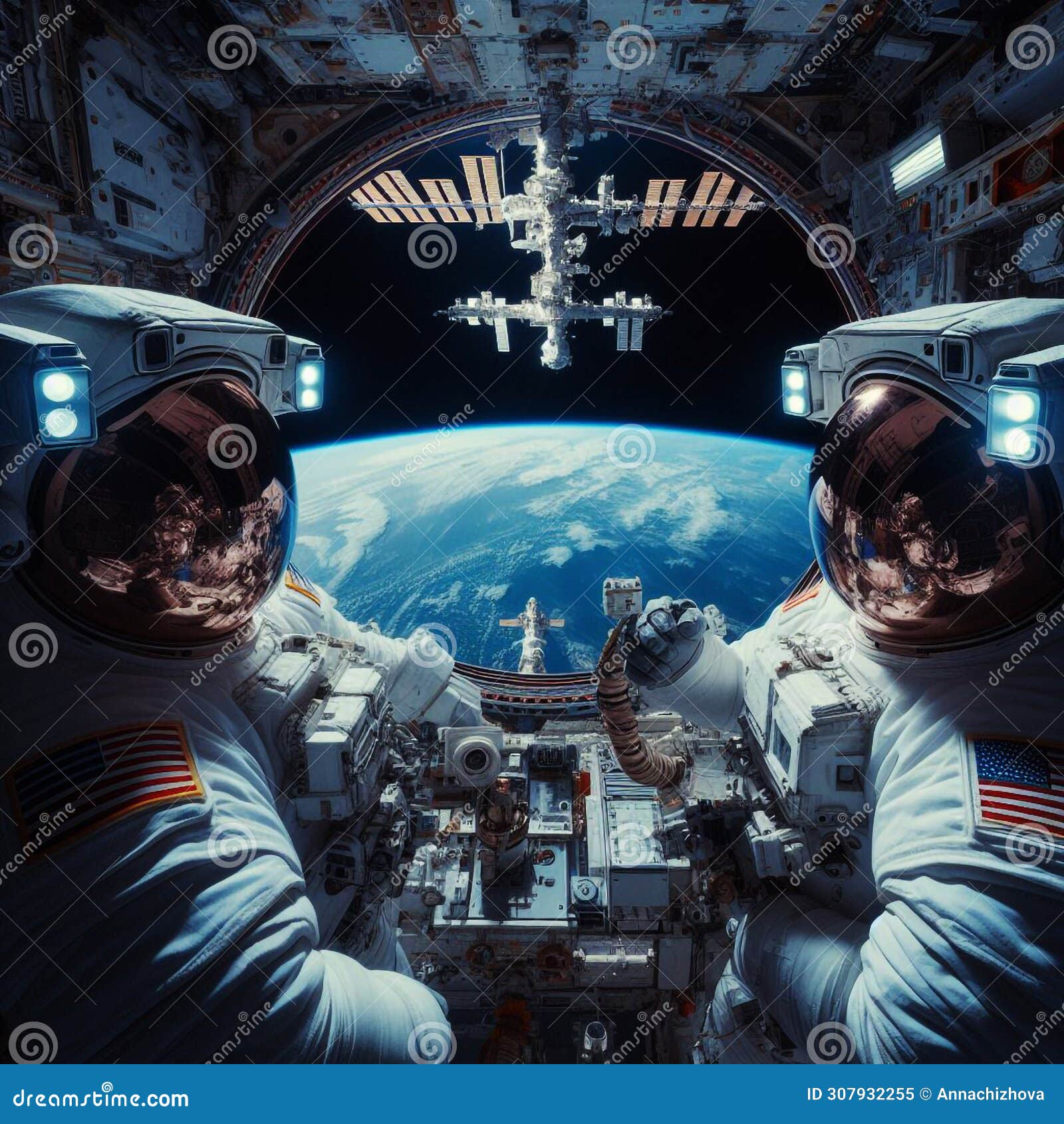 Two Astronauts Using Control Panel while Orbiting Around a Planet in a ...