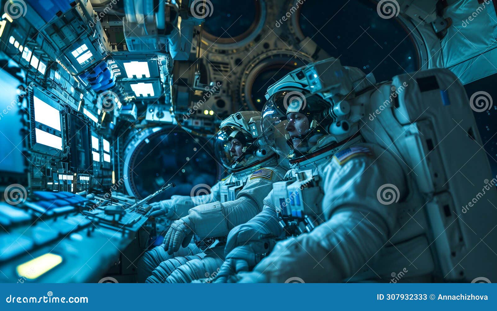 Two Astronauts Using Control Panel while Orbiting Around a Planet in a ...