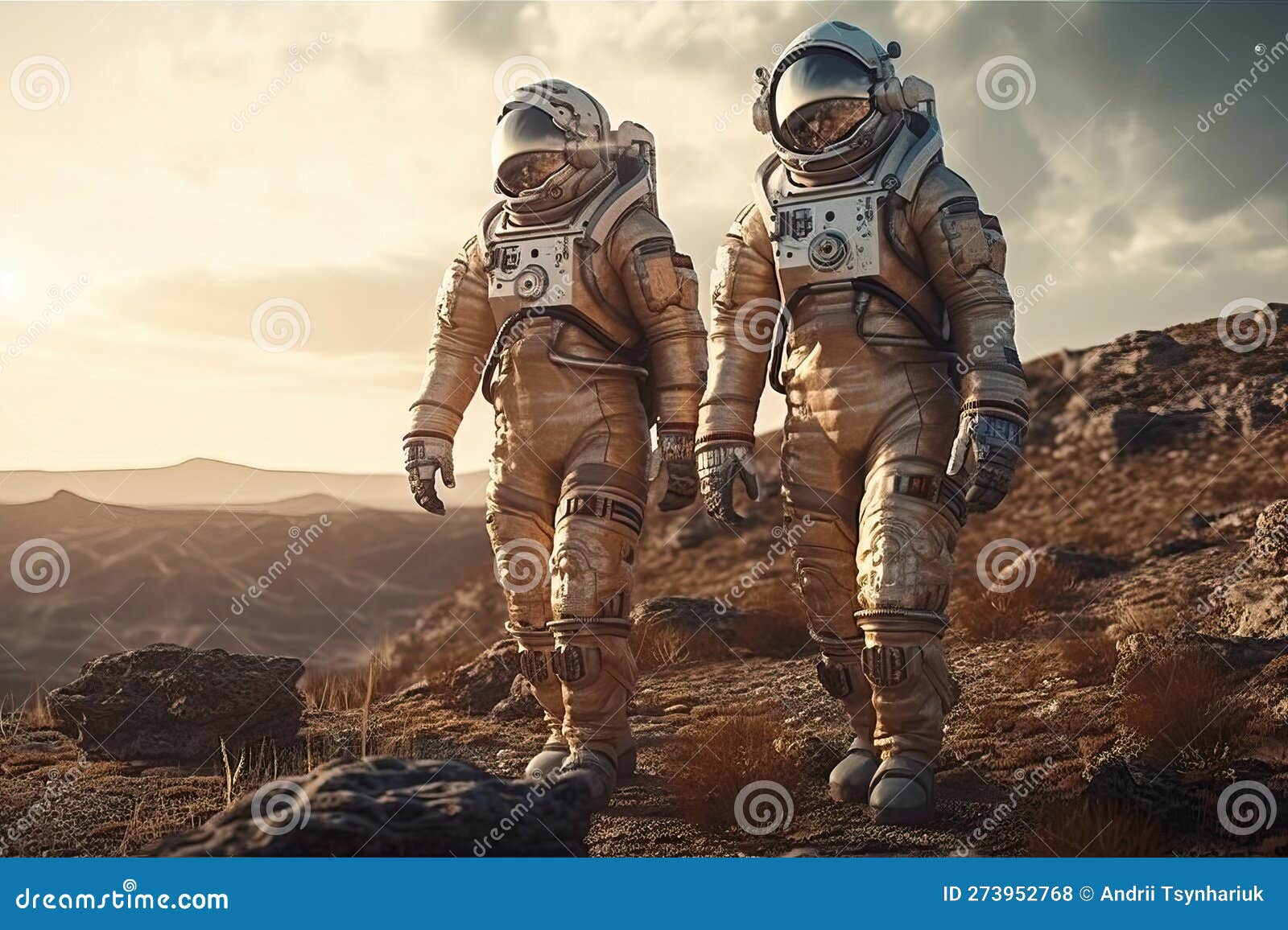 Two Astronauts Walk on the Surface of Mars, the Planet Mars and the ...