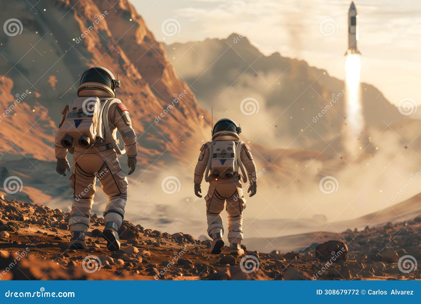 Two Astronauts Walking Backwards On Mars, In The Background A Rocket ...