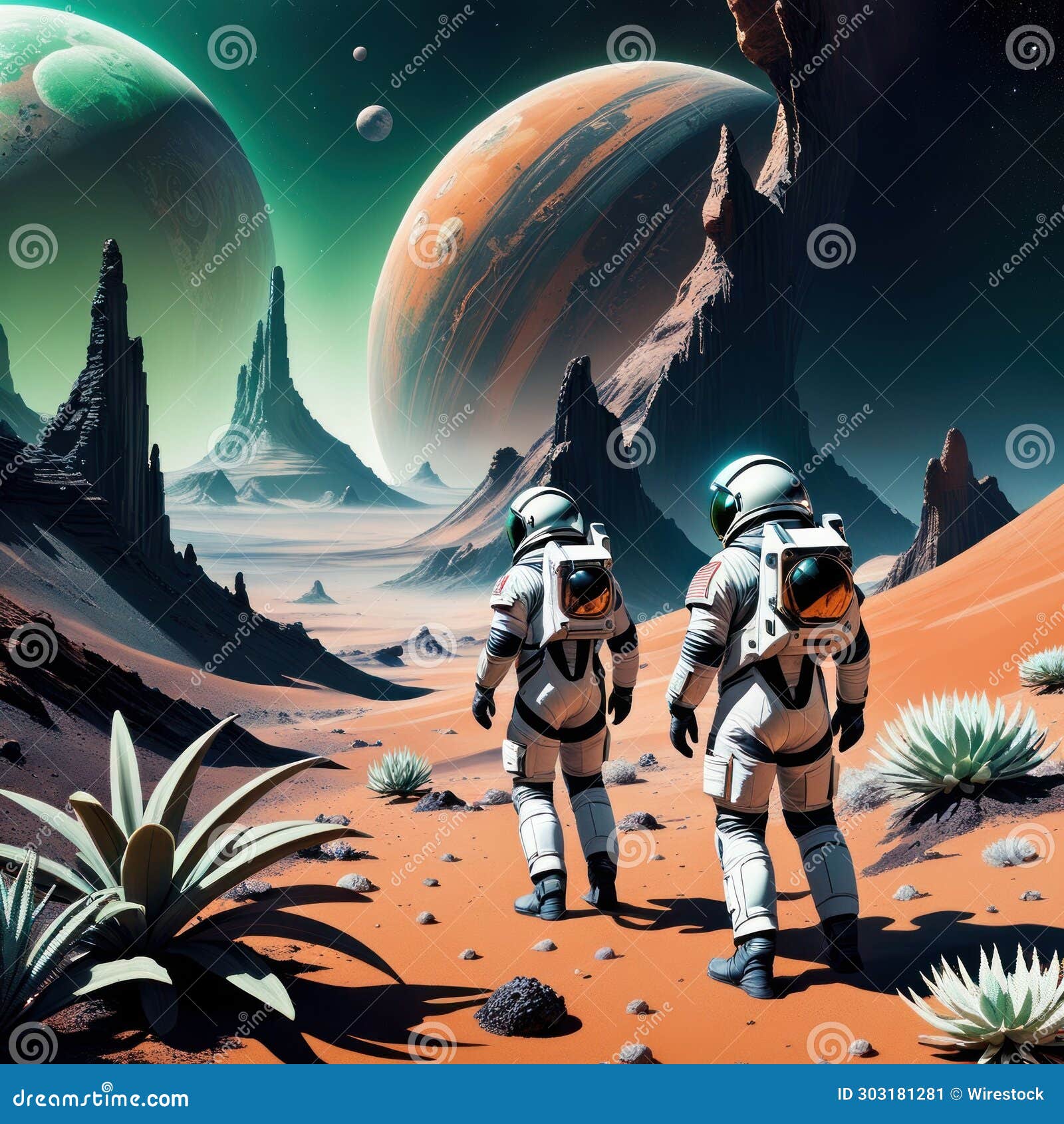 Astronauts Walking On Mars Surface With Space Starship Rocket Vector ...