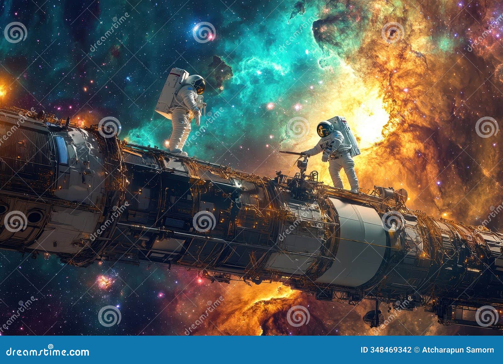 Astronauts Assembling a Modular Structure in Space Against a Vibrant ...