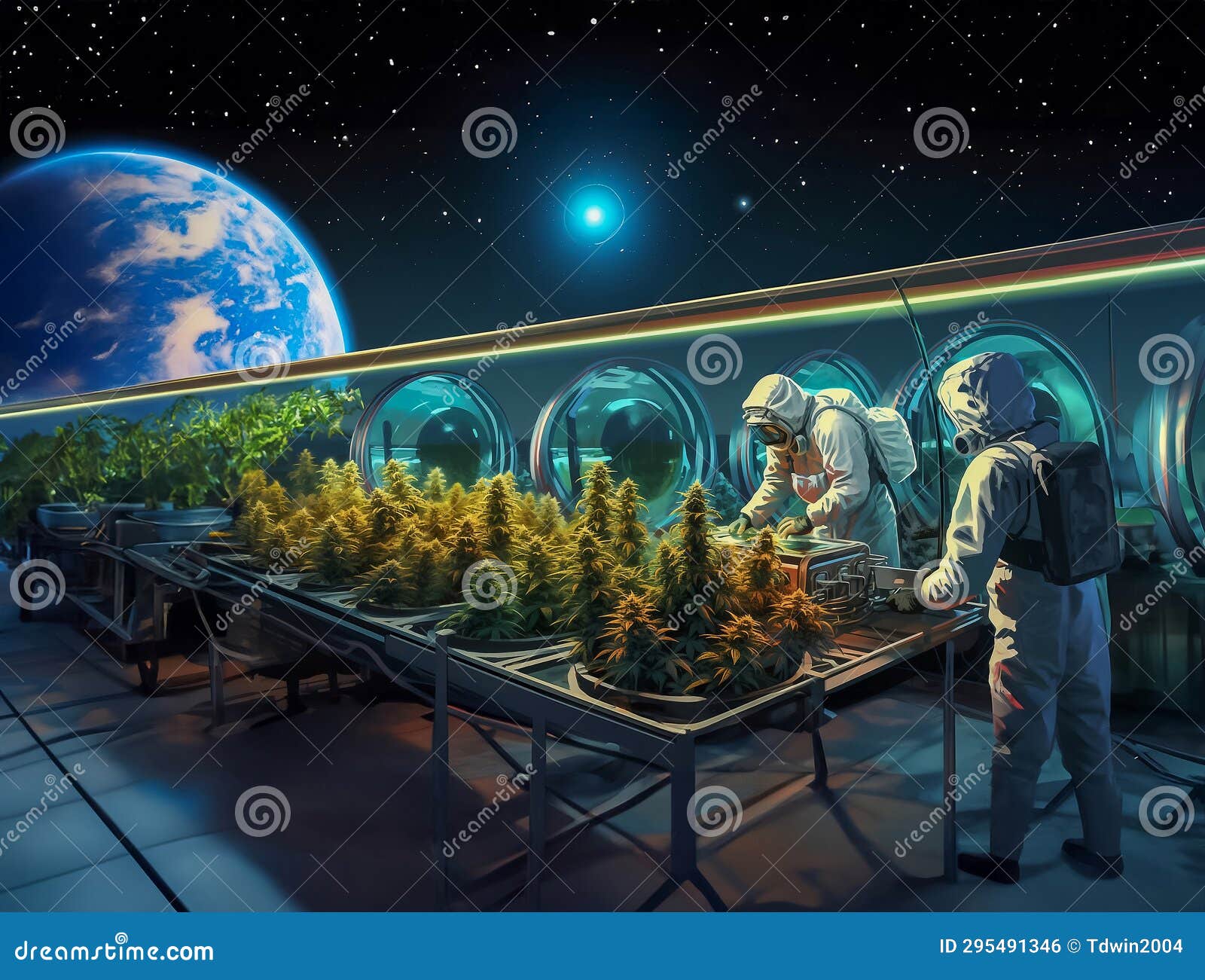 Two Astronauts Working on a Space Based Farm Stock Illustration ...