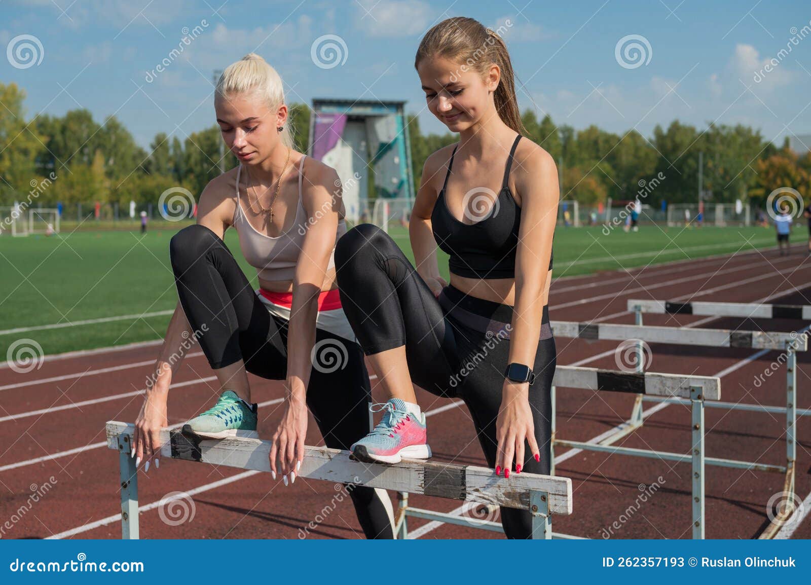 Two Athlete Young Woman Runnner at the Stadium Stock Image - Image of ...