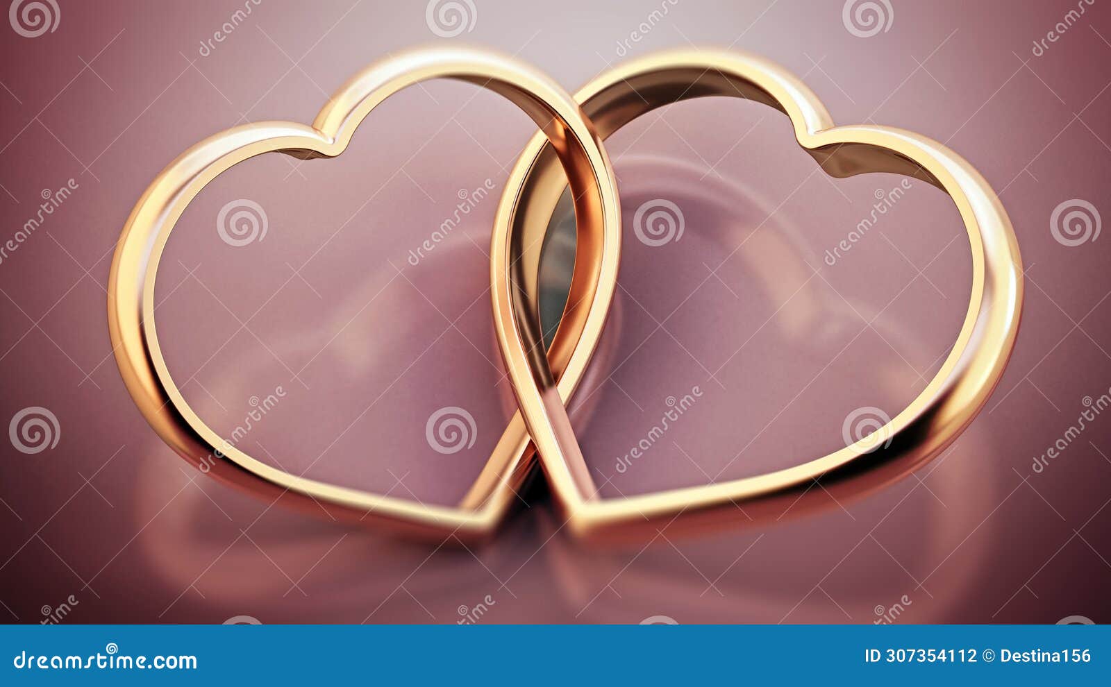 Two Attached Heart Shaped Rings Standing on Pink Background. 3D ...