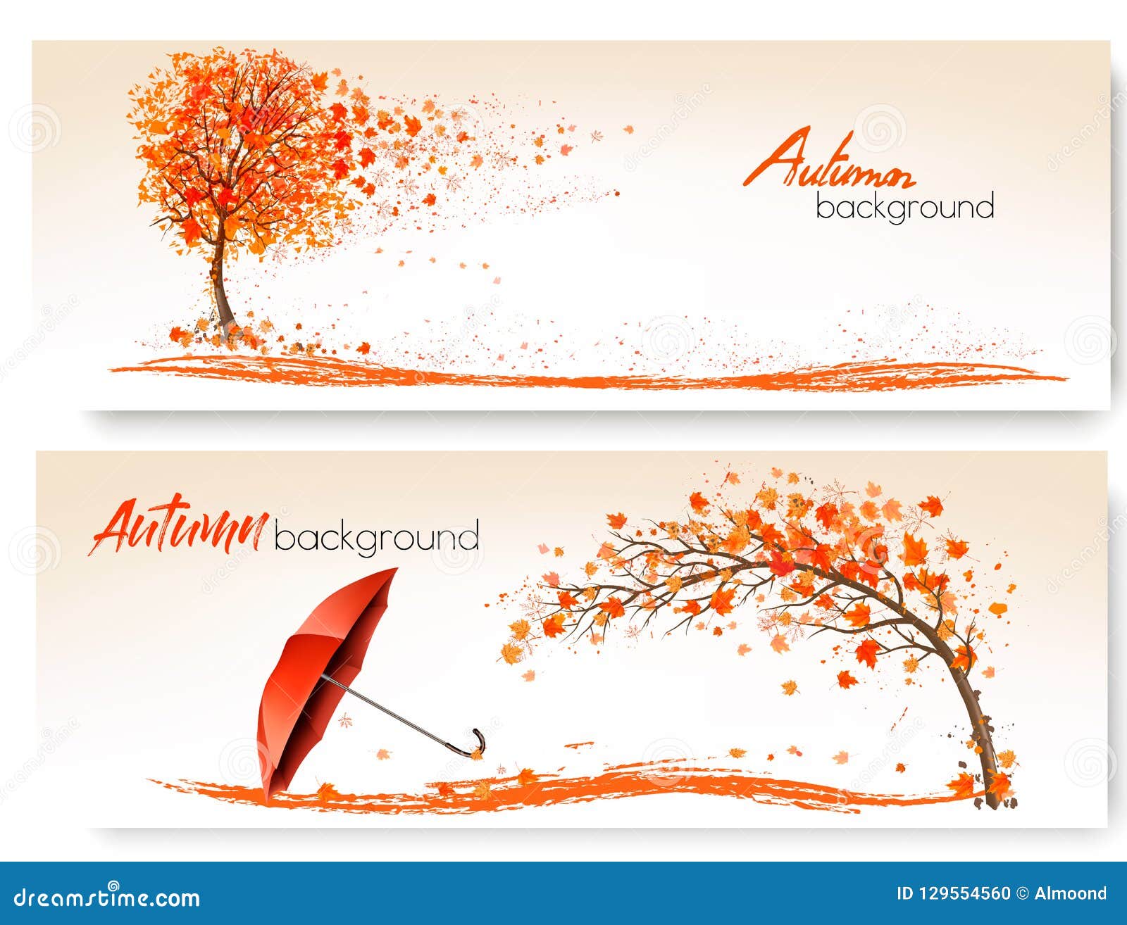 Two Autumn Banners with Trees and Umbrella. Stock Vector - Illustration ...