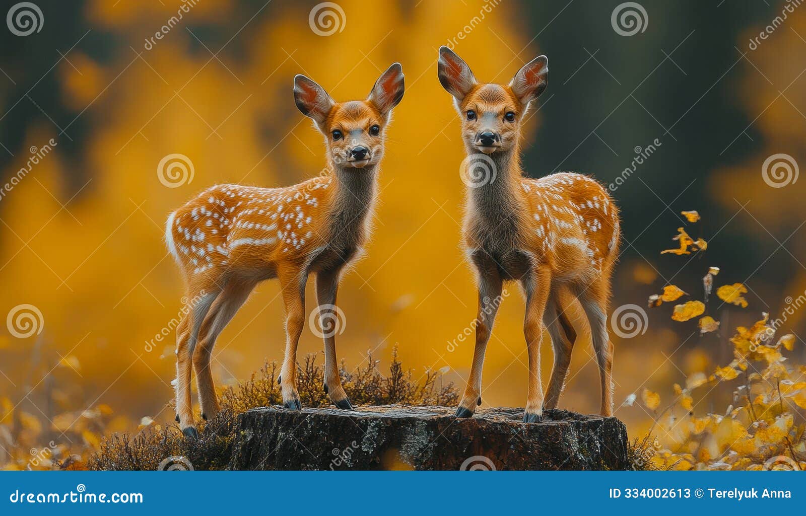 Two Baby Deer Standing on a Log in a Forest Stock Image - Image of ...