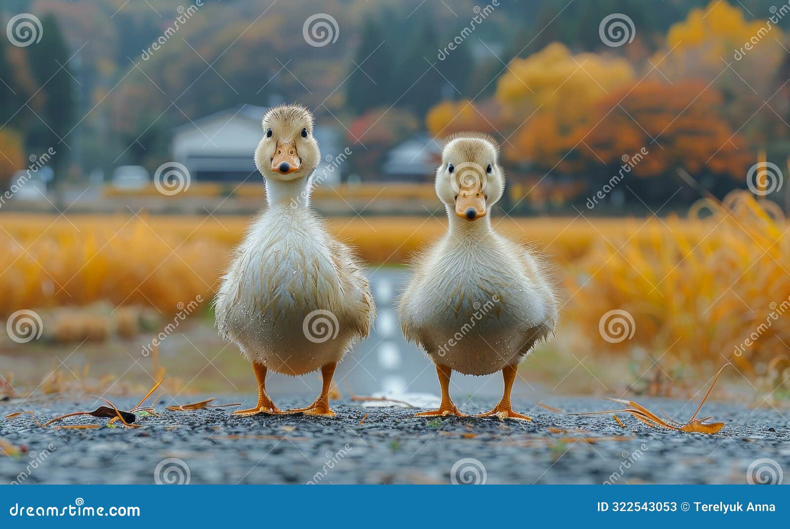 Two Baby Ducks Standing on a Road in Front of a House. the Ducks are ...