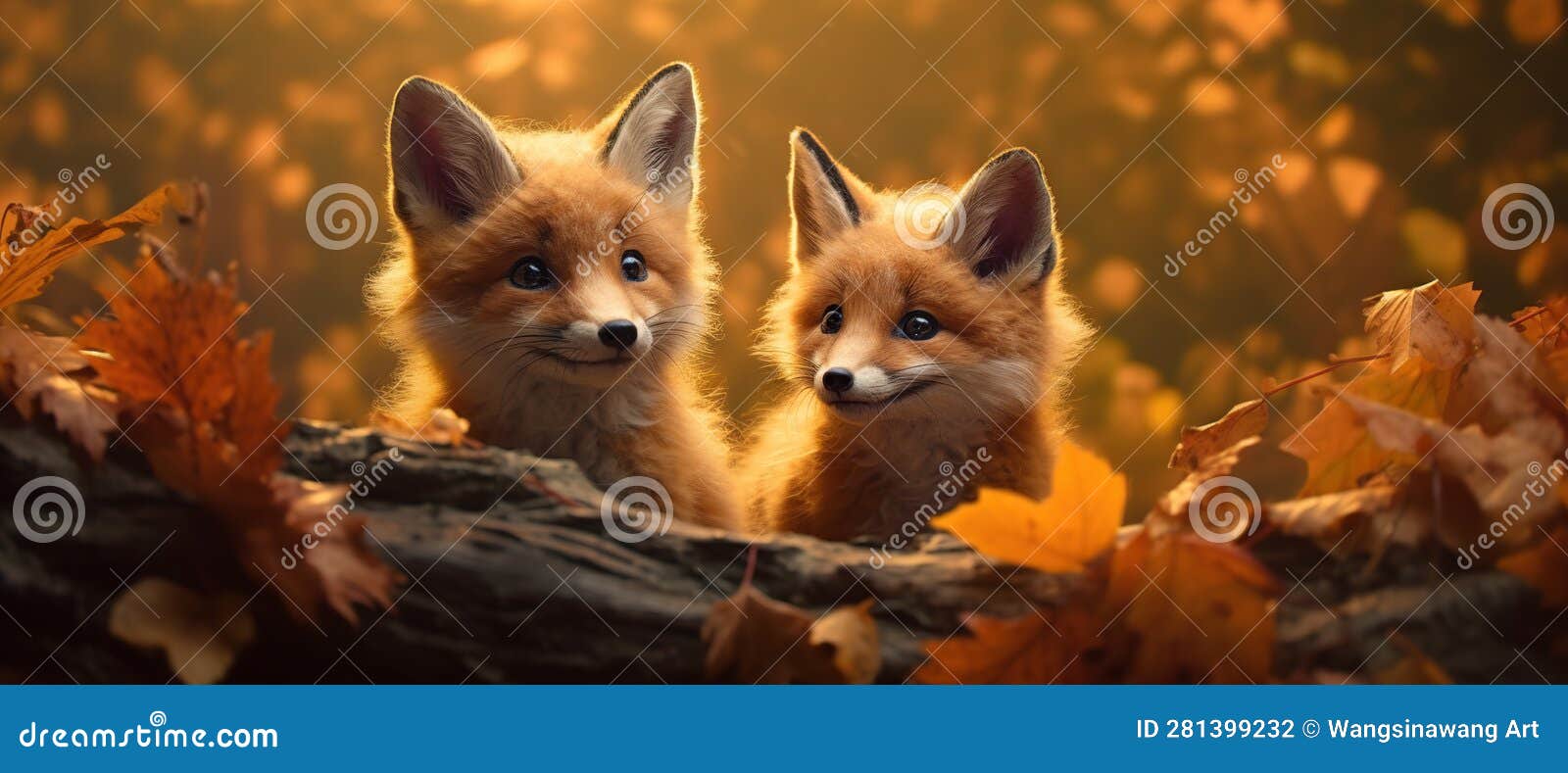 Two Baby Foxes Sitting in Fall Leaves Generative AI Stock Illustration ...