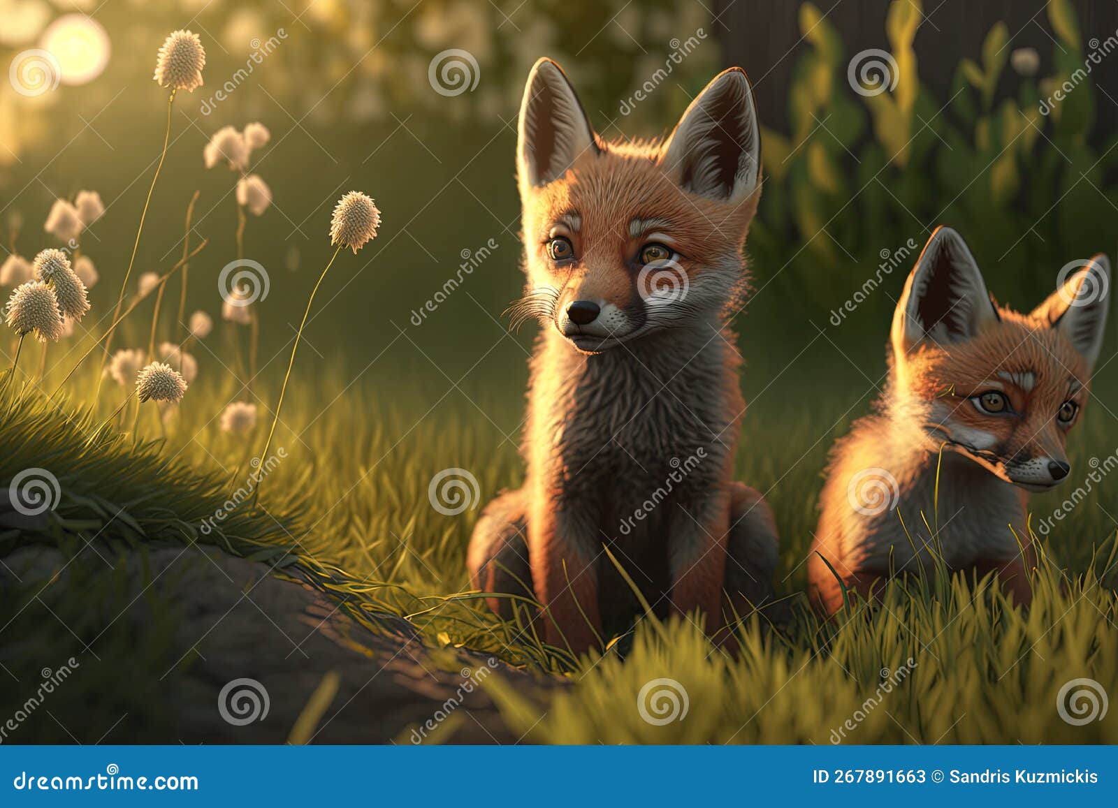 Two Baby Foxes Sitting in Grass. Generative AI Stock Illustration ...