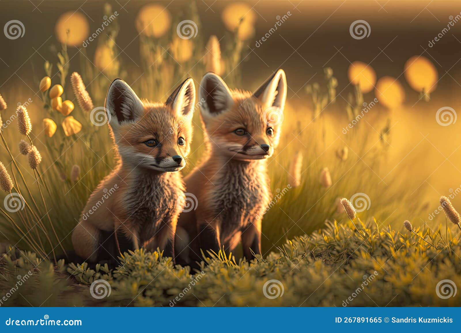 Two Baby Foxes Sitting in Grass. Generative AI Stock Illustration ...