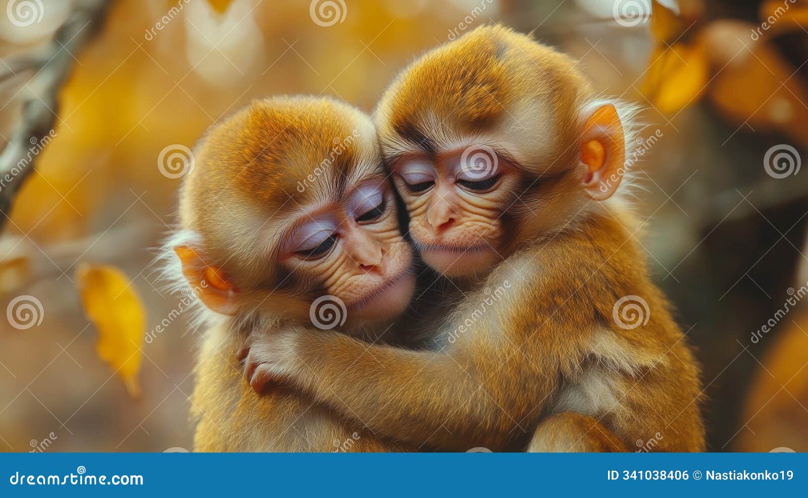 Two Baby Monkeys Hugging in Autumn Foliage Stock Photo - Image of ...