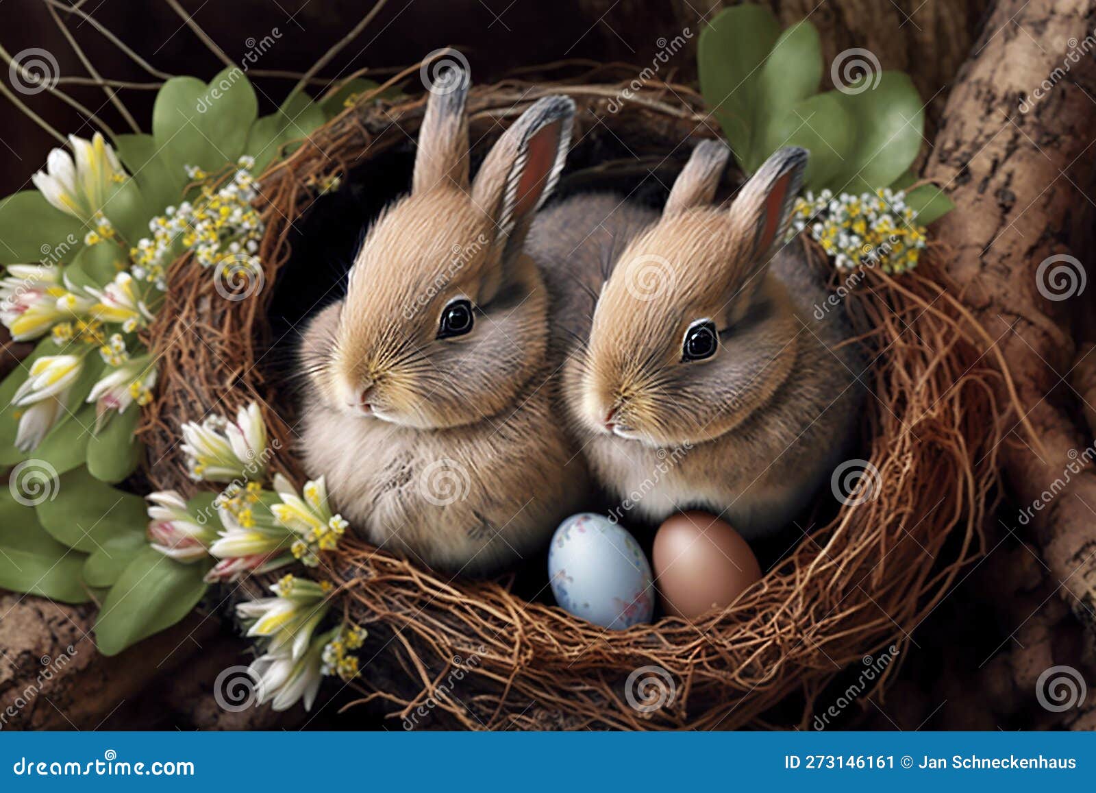 Two Baby Rabbits with Easter Eggs in a Nest Stock Illustration ...