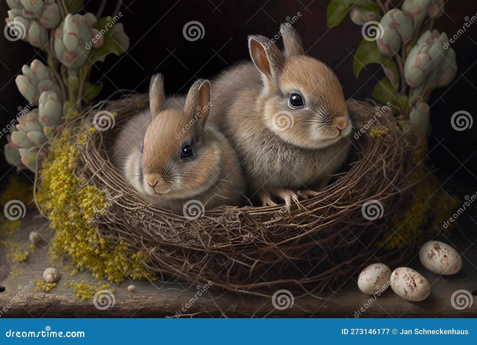 Two Baby Rabbits with Easter Eggs in a Nest Stock Illustration ...