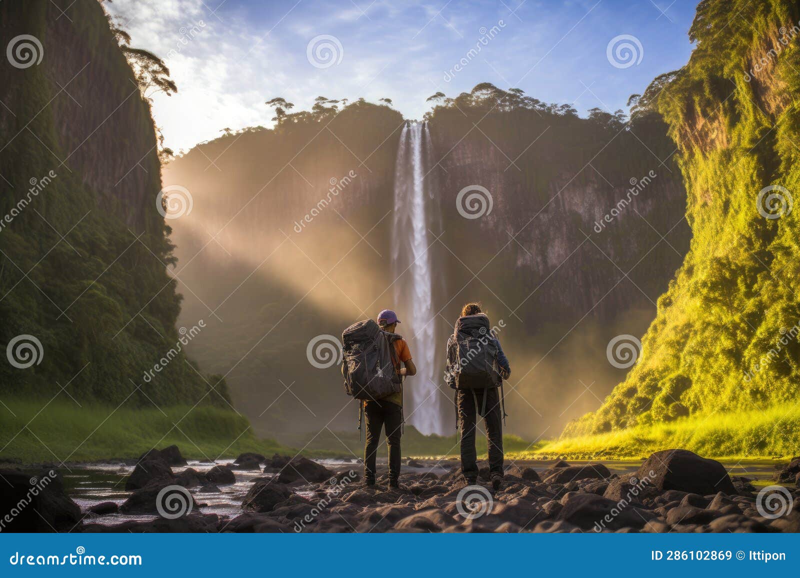 Two Backpackers Hiking Against Waterfall. Stock Illustration ...