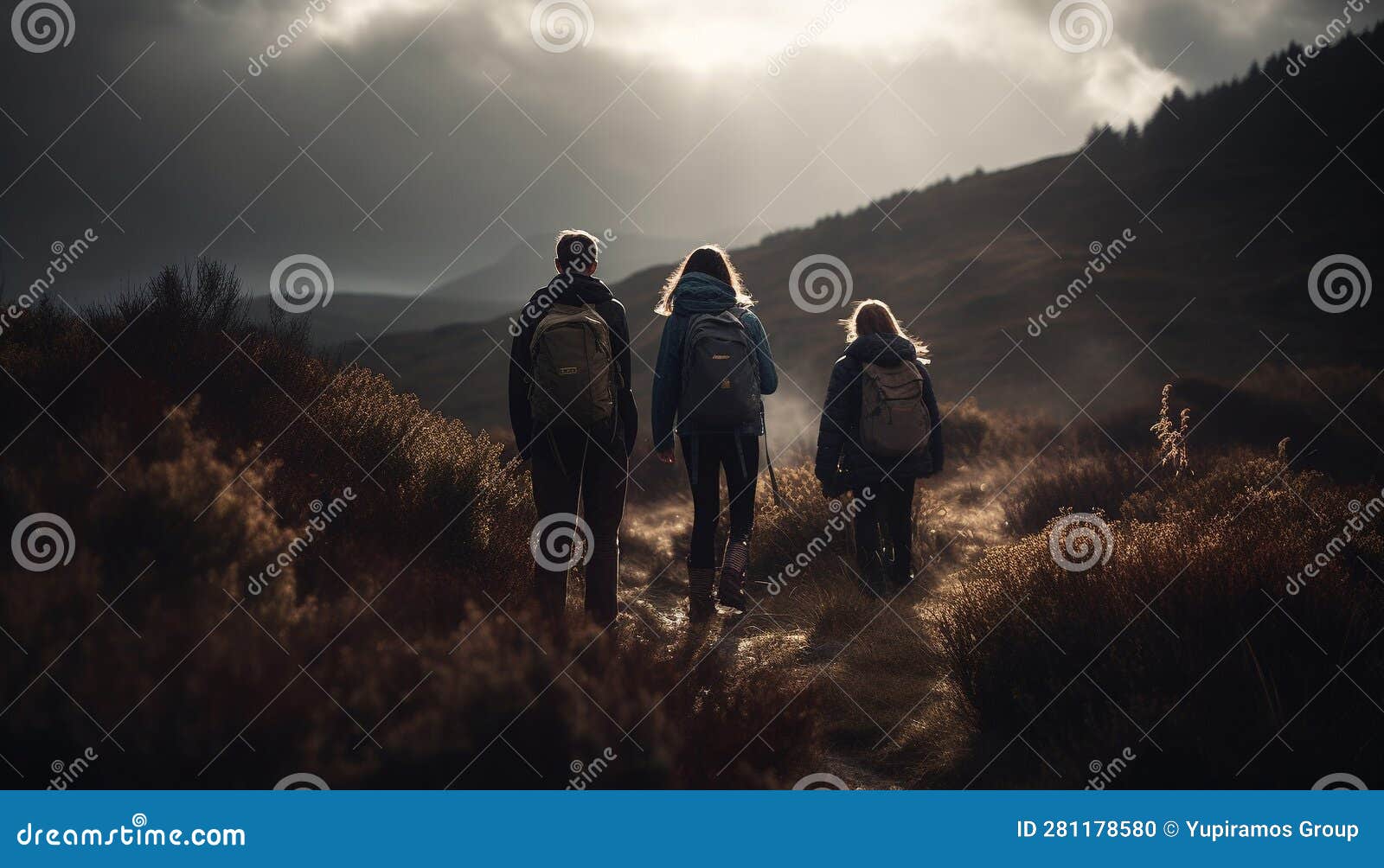Two Backpackers Hiking Towards Mountain Peak, Bonding in Nature ...