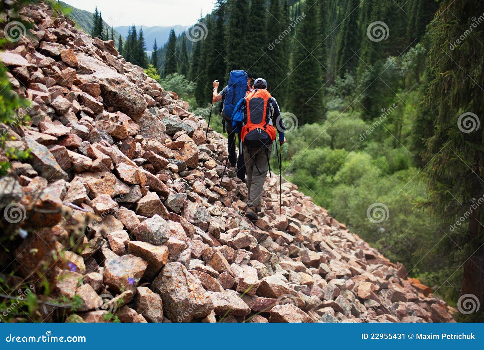 Two Backpackers in Mountains Stock Image - Image of backpackers ...