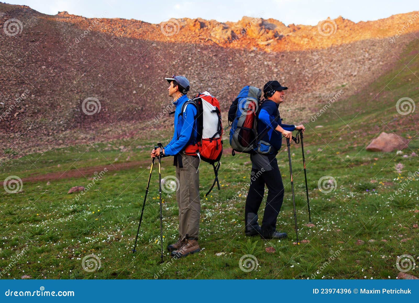 Two Backpackers in Mountains Stock Photo - Image of looking, adventure ...