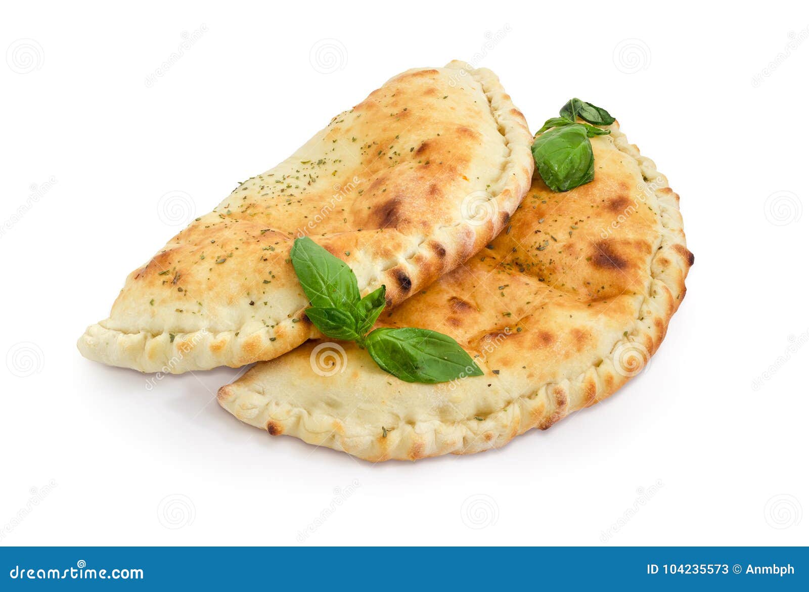 Two Cooked Calzone with Basil Twigs on a White Background Stock Image ...