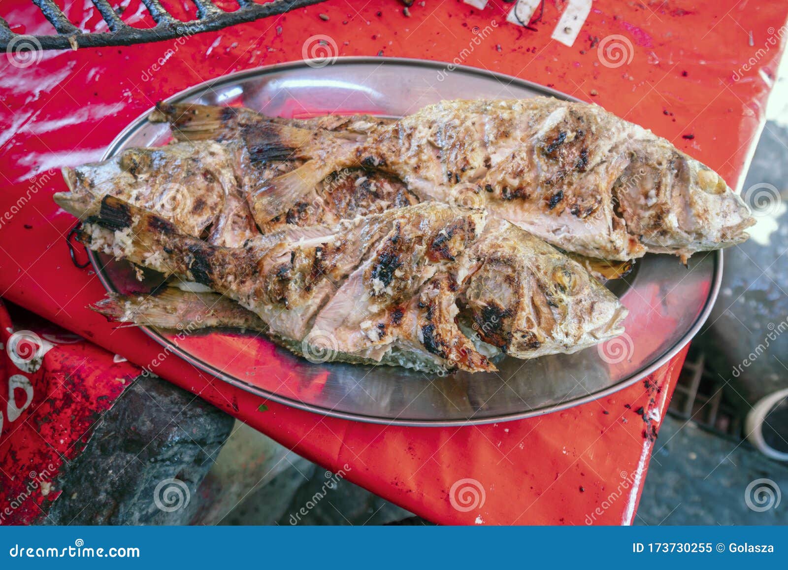 Two Barbecued Fish Served on Silver Tray Stock Image - Image of ...