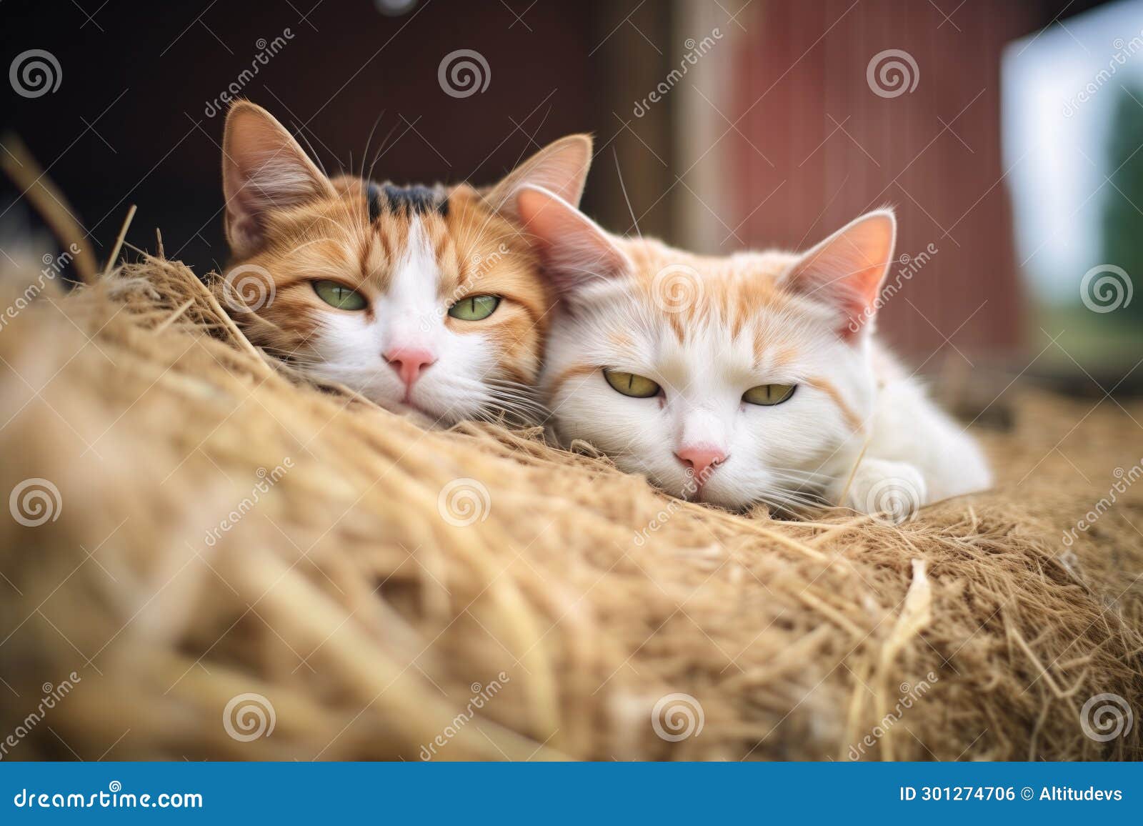 Two Barn Cats Nestled Together in a Pile of Straw Stock Illustration ...