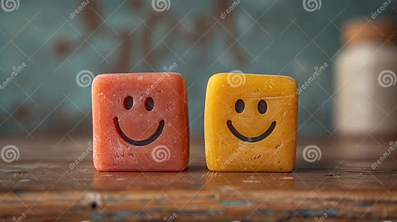 Two Bars of Soap in the Shape of Cubes with Smiley Faces on Them Stock ...