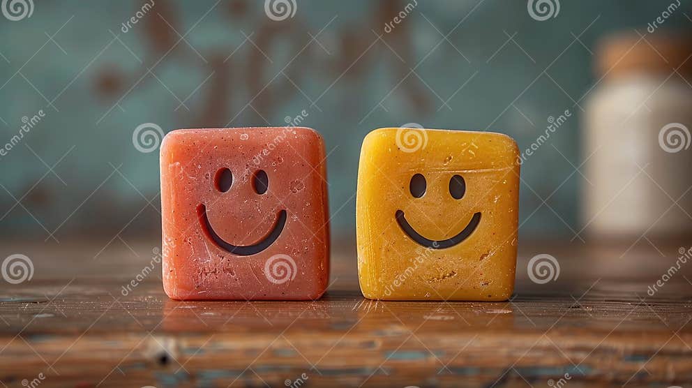 Two Bars of Soap in the Shape of Cubes with Smiley Faces on Them Stock ...