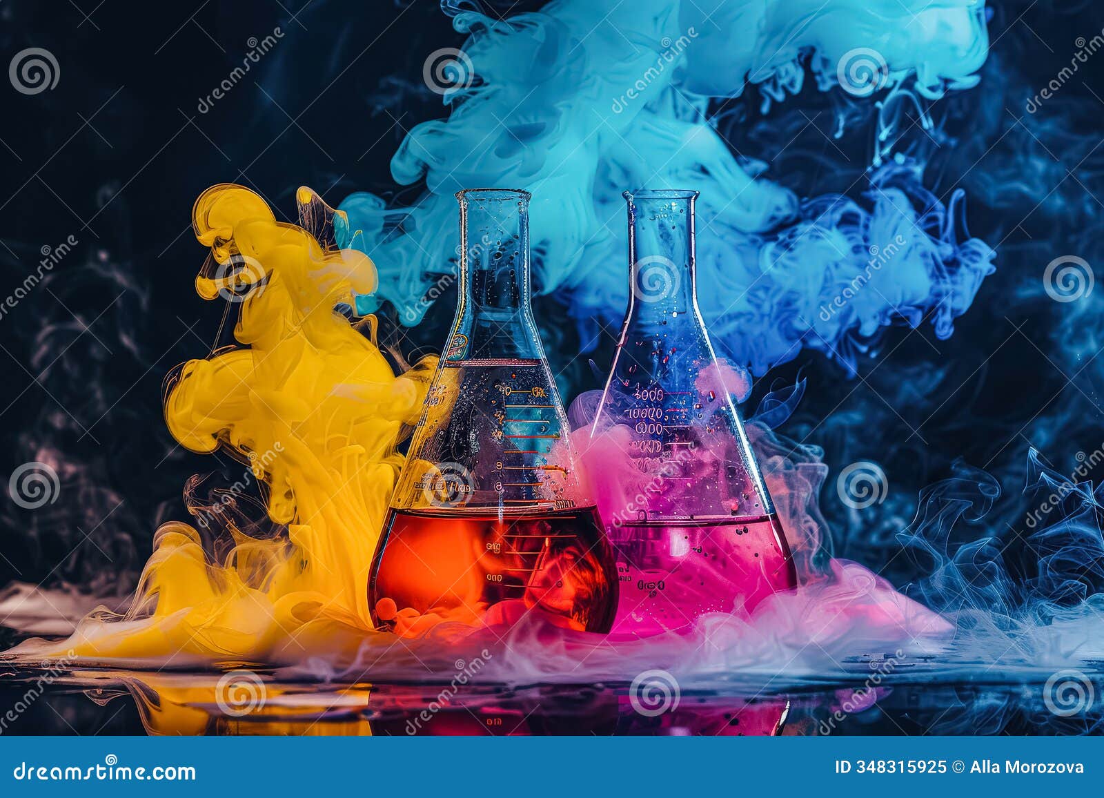 Two Beakers of Different Colors are Sitting on a Table with Smoke Stock ...